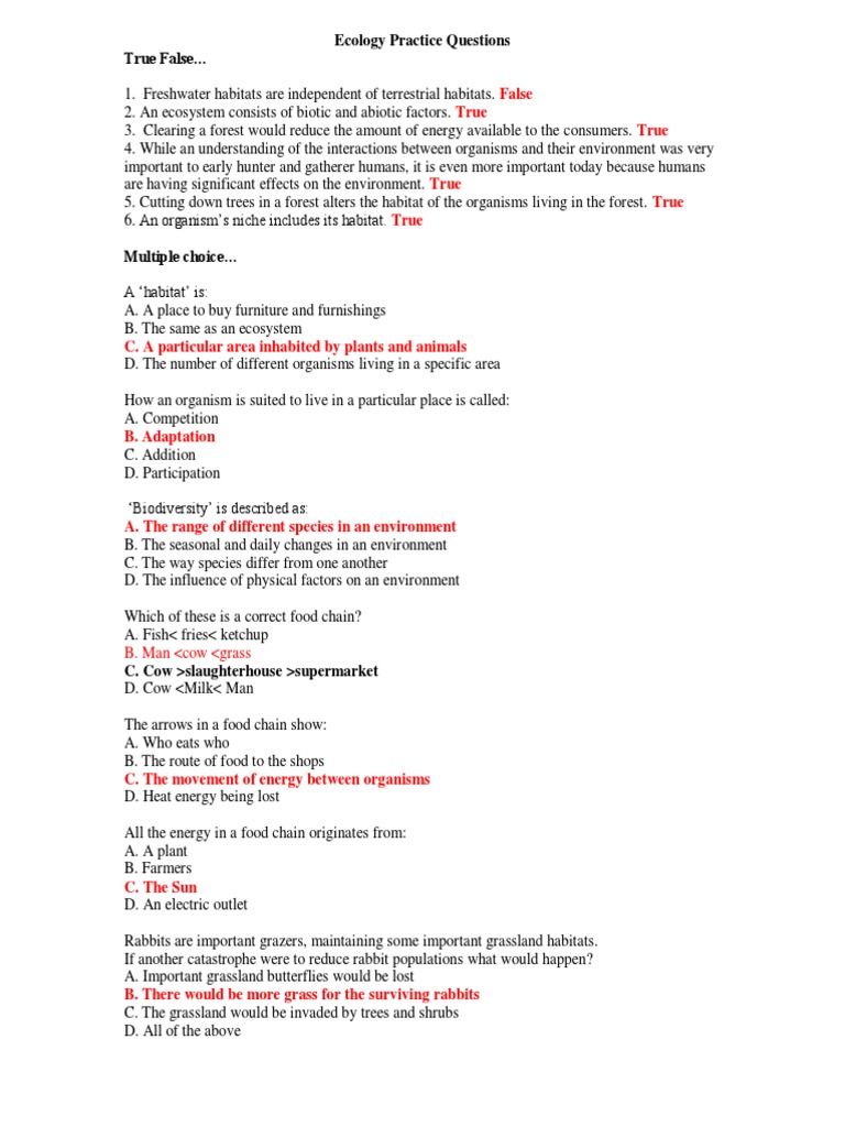 10 Practice Questions Ecology W Answers | PDF | Ecosystem | Ecological ...