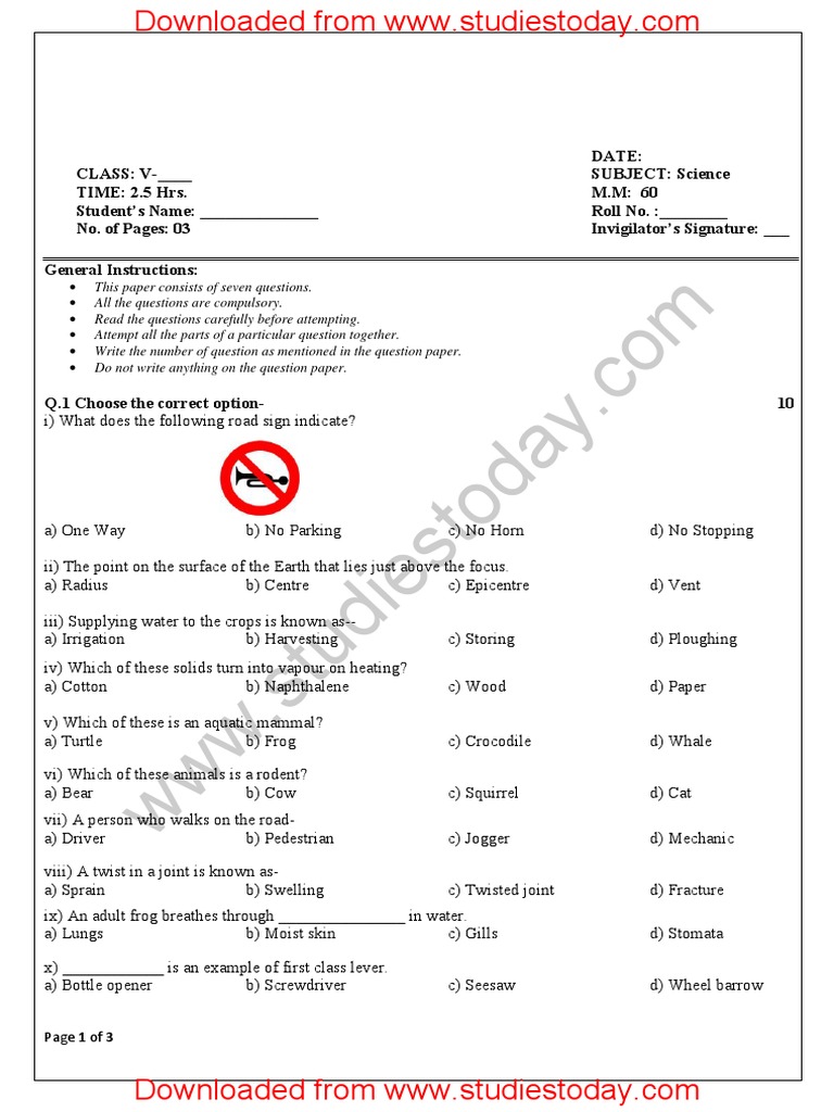 CBSE Class 5 Science Sample Paper Set A | PDF | Volcano | Volcanic Eruption