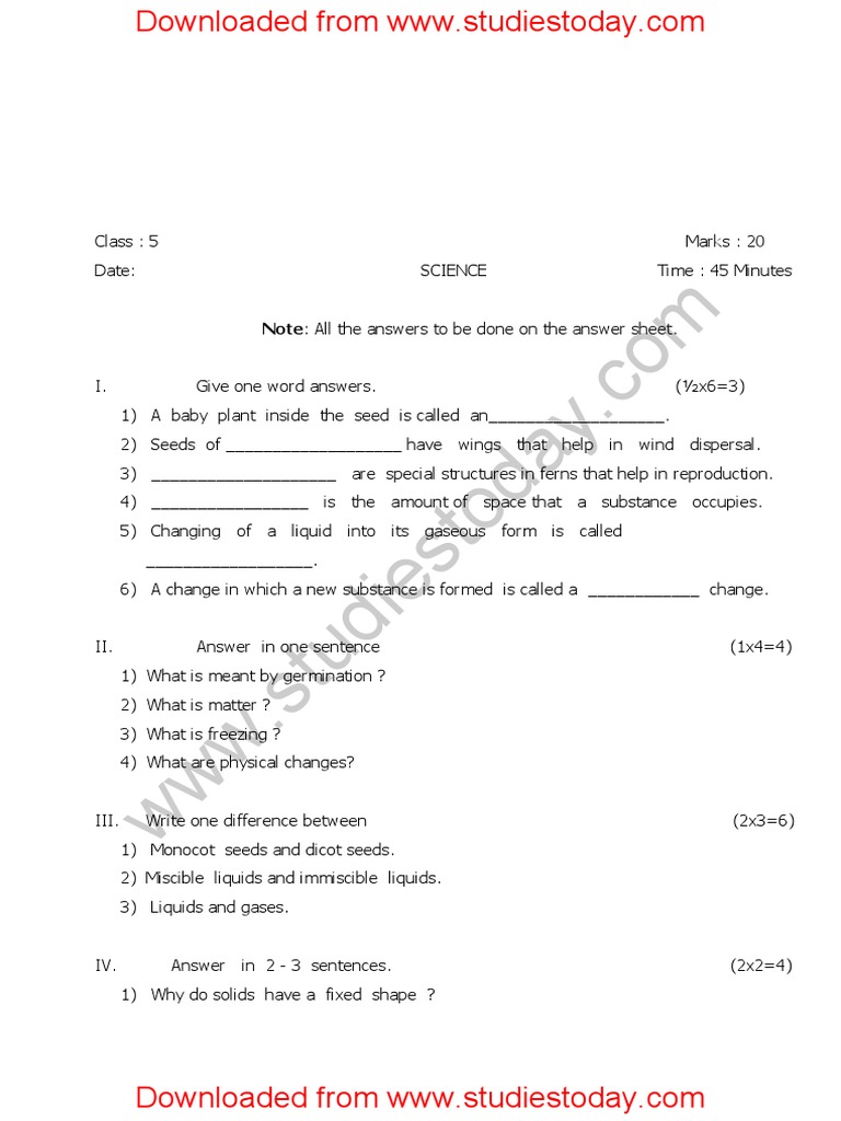 CBSE Class 5 Science Sample Paper Set F | PDF | Liquids | Seed