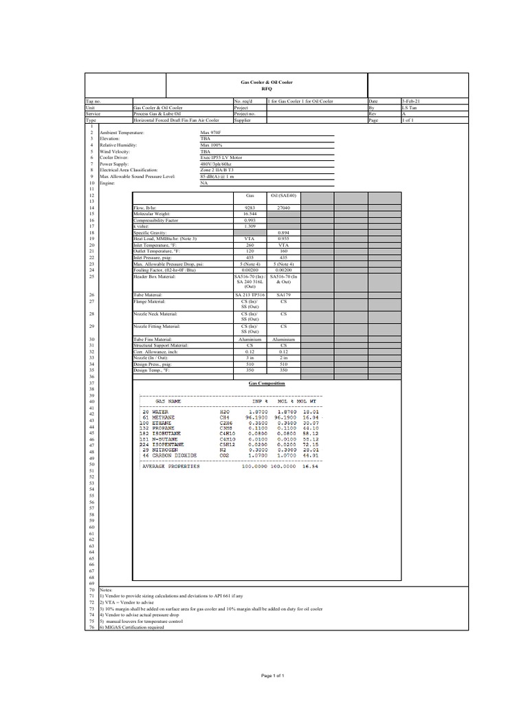 Data Sheet RFQ Air Cooler HE | PDF | Gases | Energy Technology