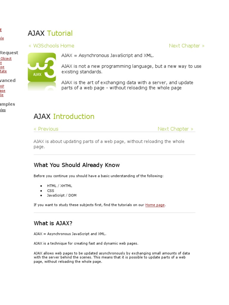Tutorial W3schools Home Next Chapter Pdf Ajax Programming Hypertext Transfer Protocol