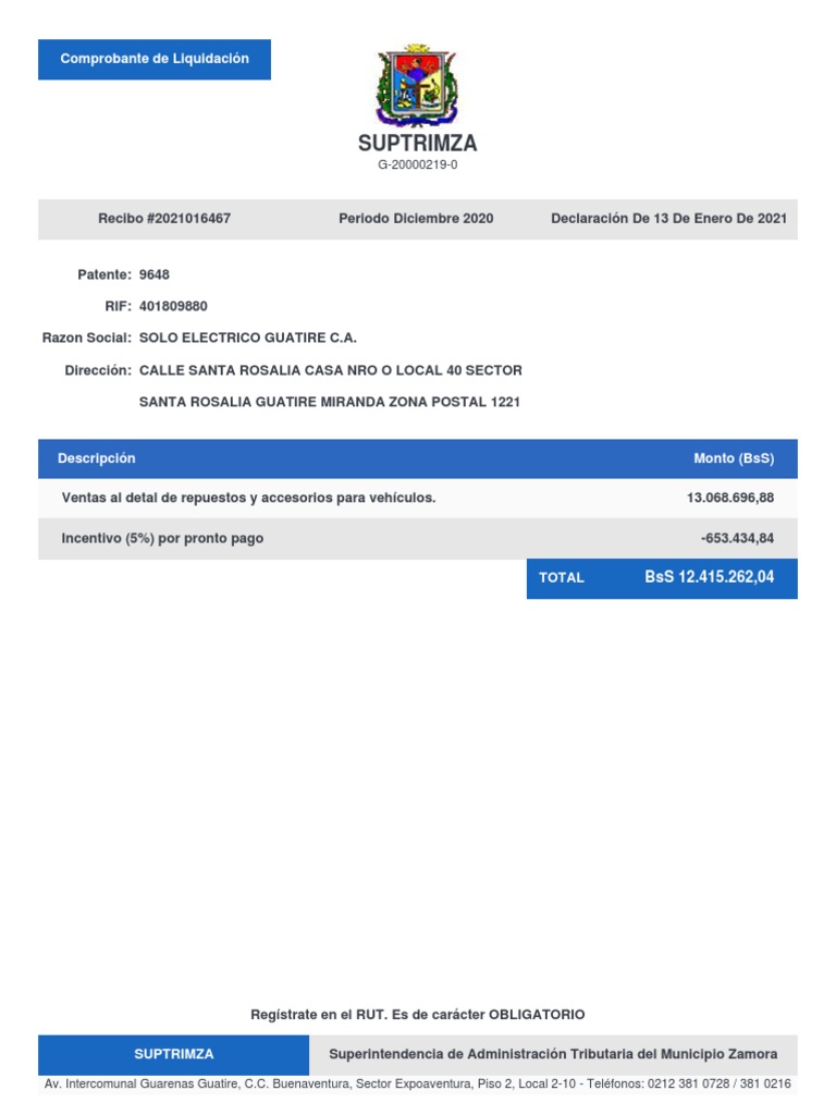 Planilla de Pago Patente Dic 2020 | PDF