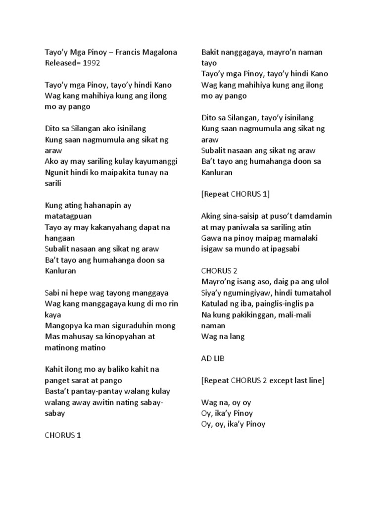 Tayong Mga Pinoy Lyics. | PDF