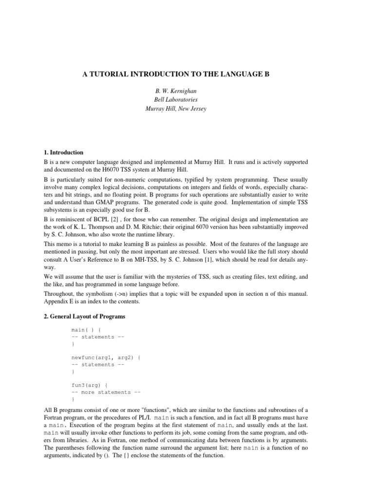 A Tutorial Introduction To The Language B: B. W. Kernighan Bell Laboratories Murray Hill, New ...