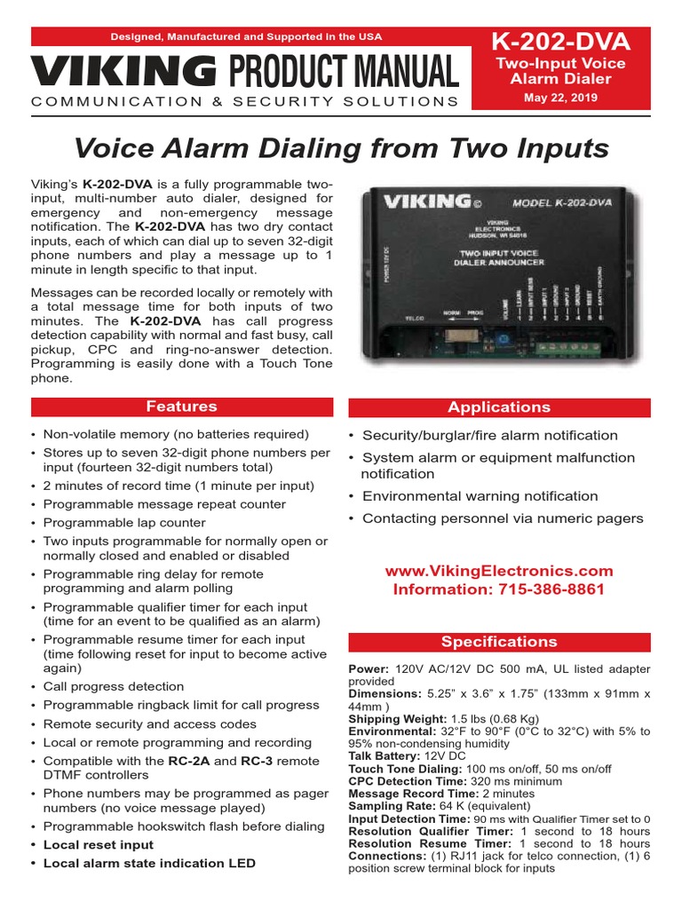 Viking K-202-DVA Two-Input Dialer | PDF | Telephone Number | Timer