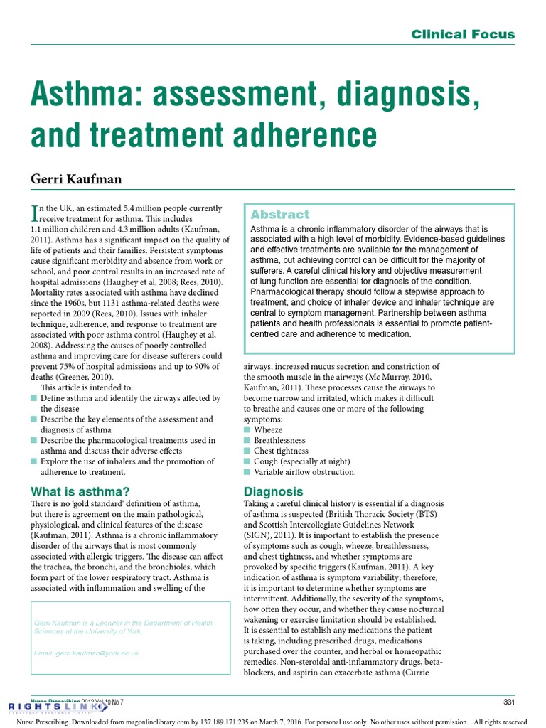 Asthma: Assessment, Diagnosis, and Treatment Adherence: Gerri Kaufman ...