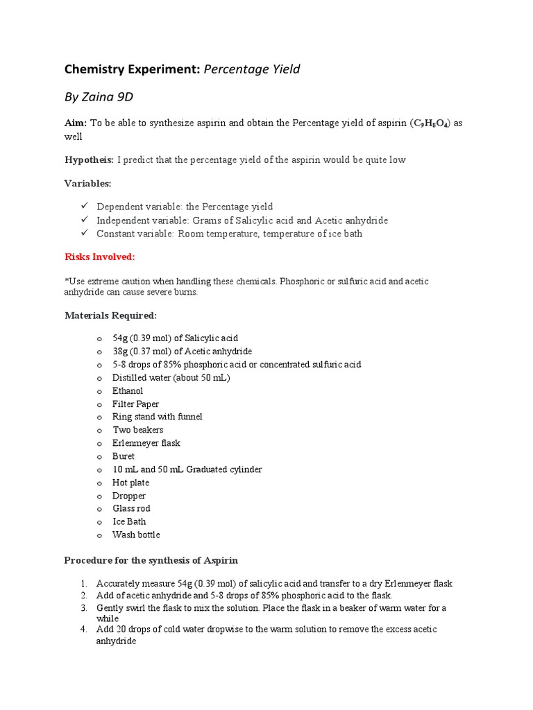 Aspirin Synthesis and Percentage Yield | PDF | Acetic Acid | Ethanol