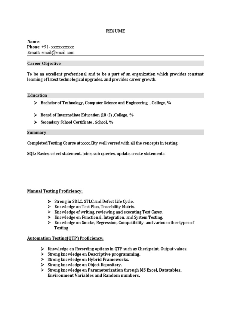 Manual Testing Resume for Freshers | PDF