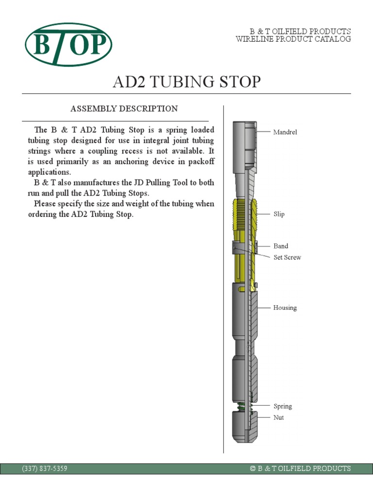 Ad2 Tubing Stop: B & T Oilfield Products Wireline Product Catalog | PDF