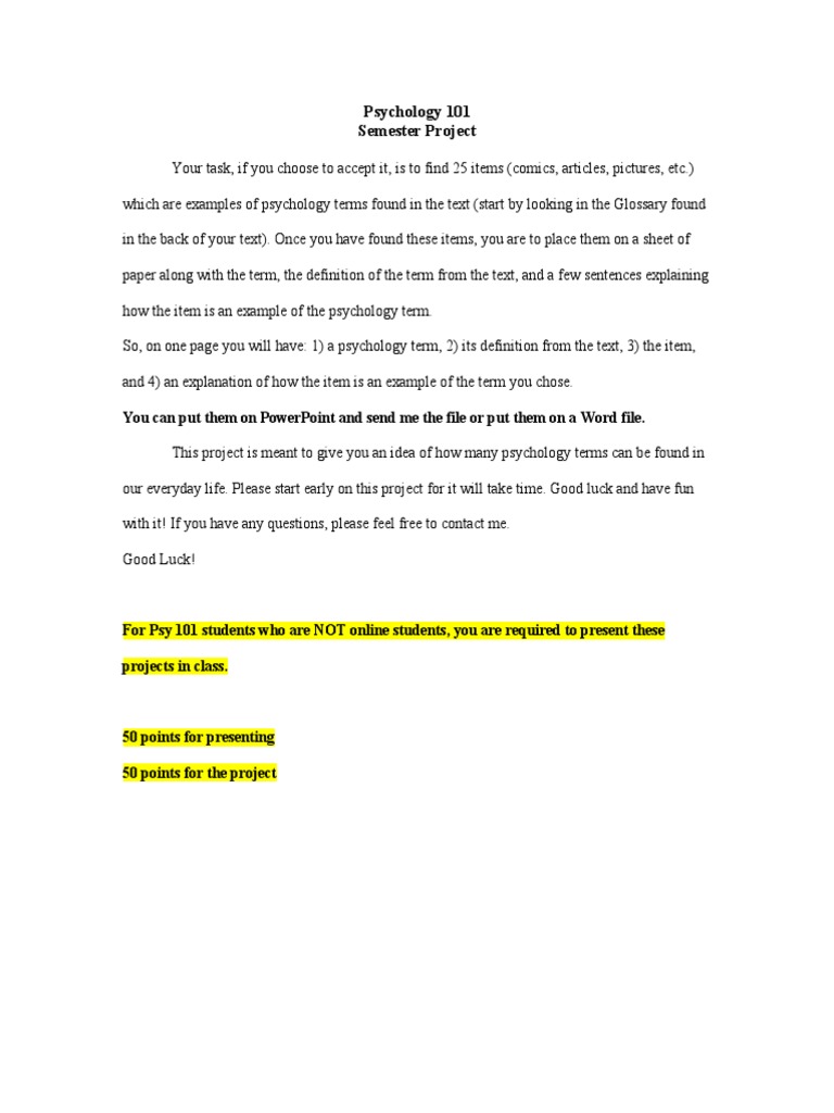 Psychology 101 Semester Project Guide | PDF