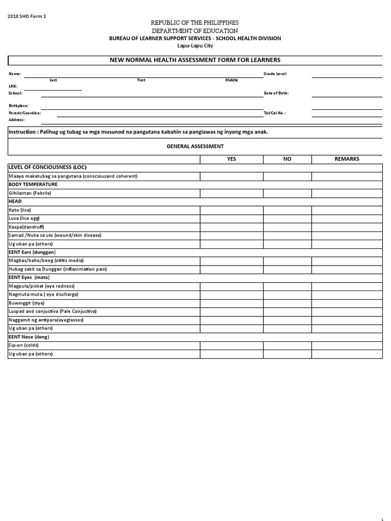 New Normal Health Assessment Form For Learners: Bureau of Learner ...