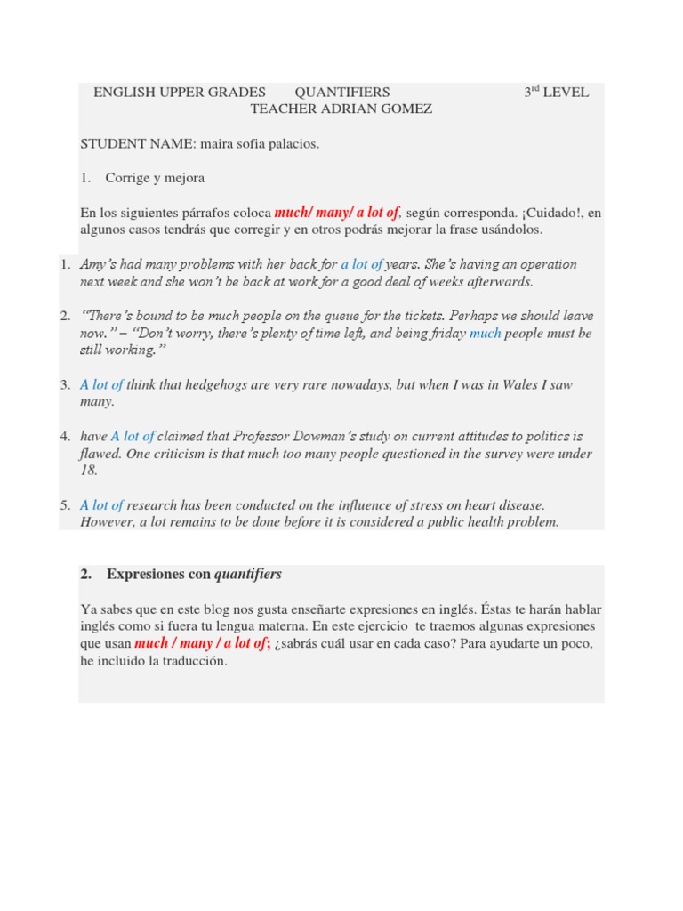 ENGLISH UPPER GRADES QUANTIFIERS 3rd LEVEL | PDF