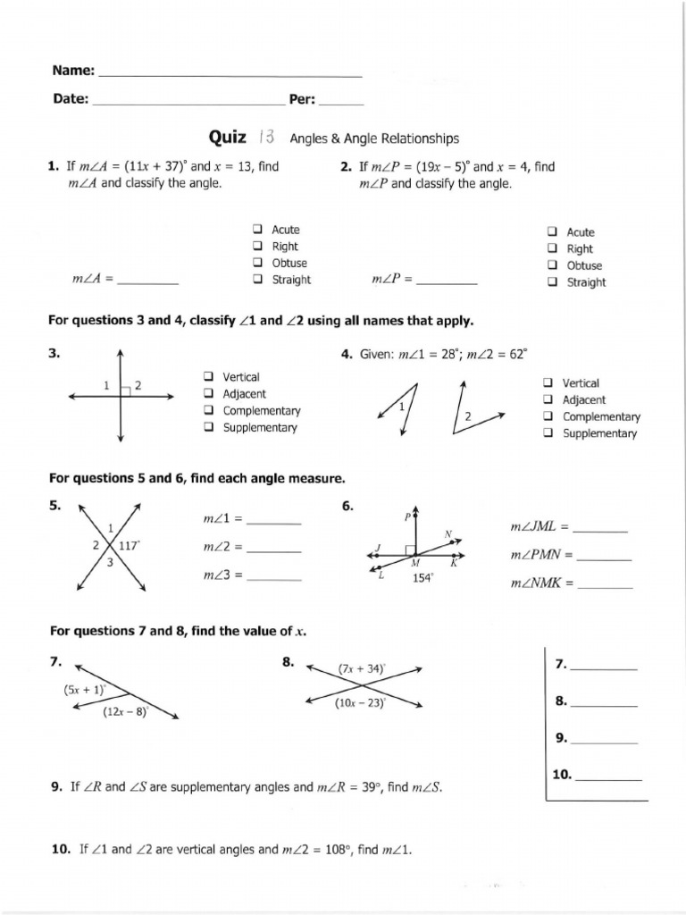 Geometry Quiz: Angles & Relationships | PDF | Angle | Scientific ...