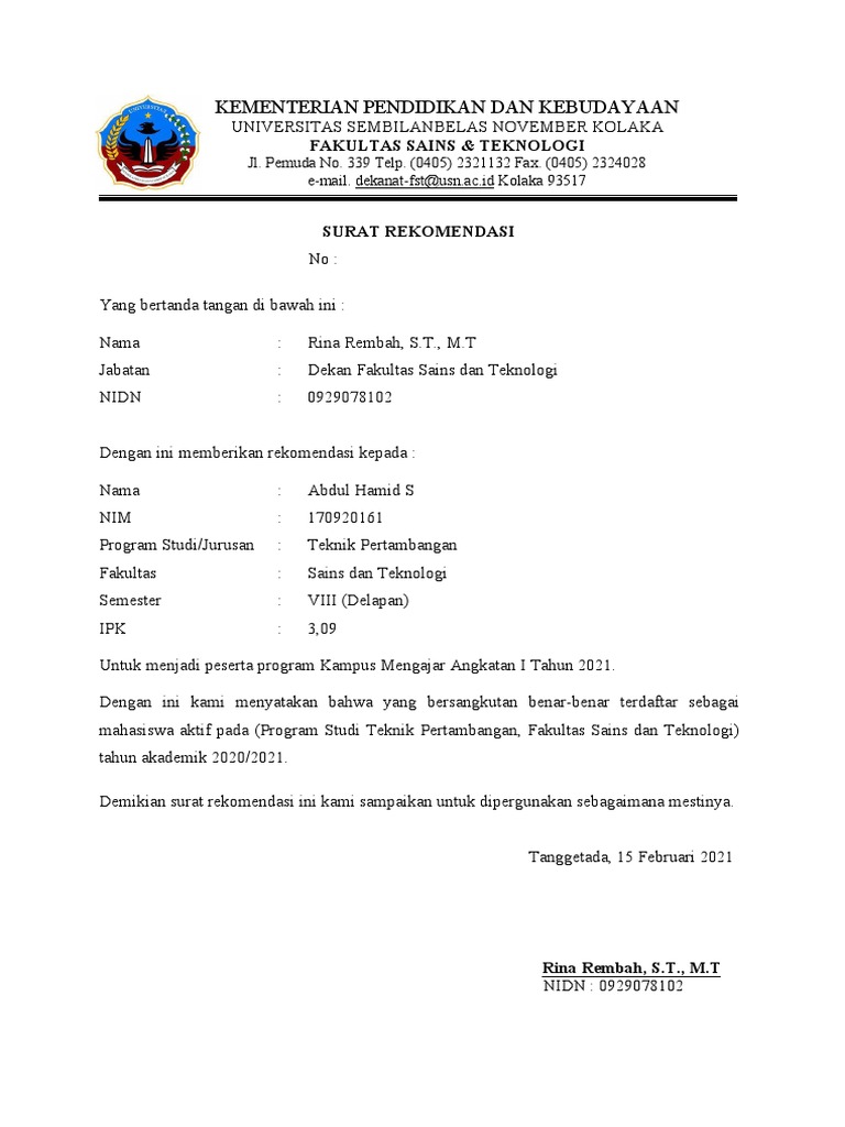 Surat Rekomendasi Dekan (Hamid) - Kampus Mengajar | PDF
