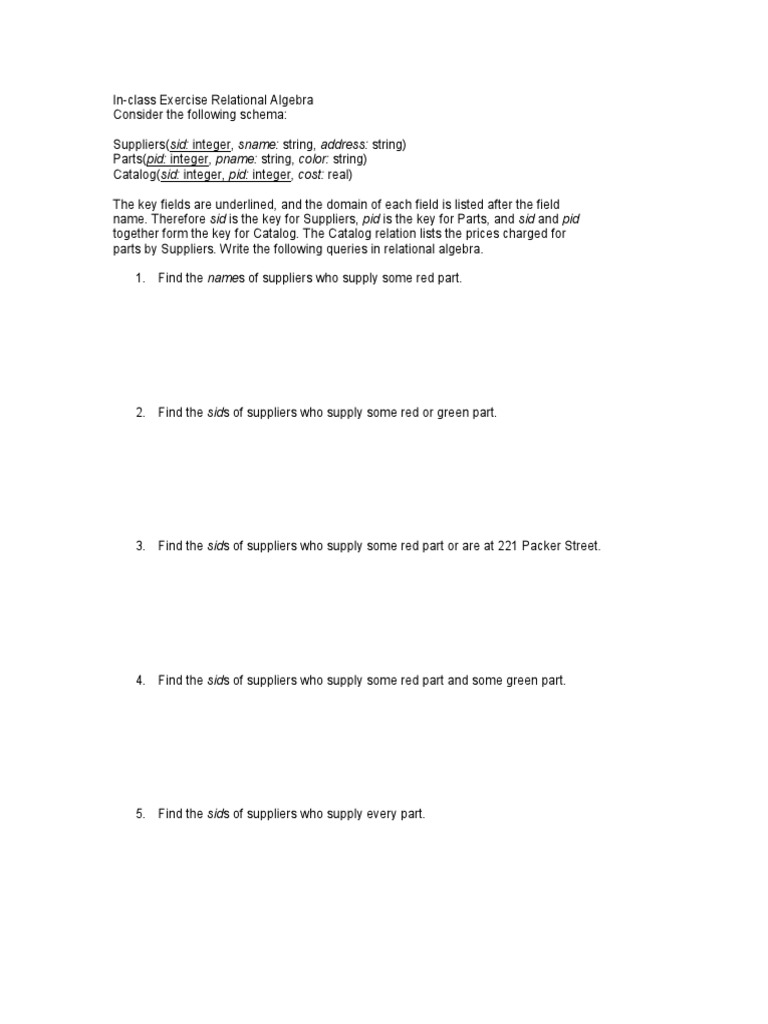 Relational Algebra Exercises for Supplier and Part Queries | PDF | Ring ...