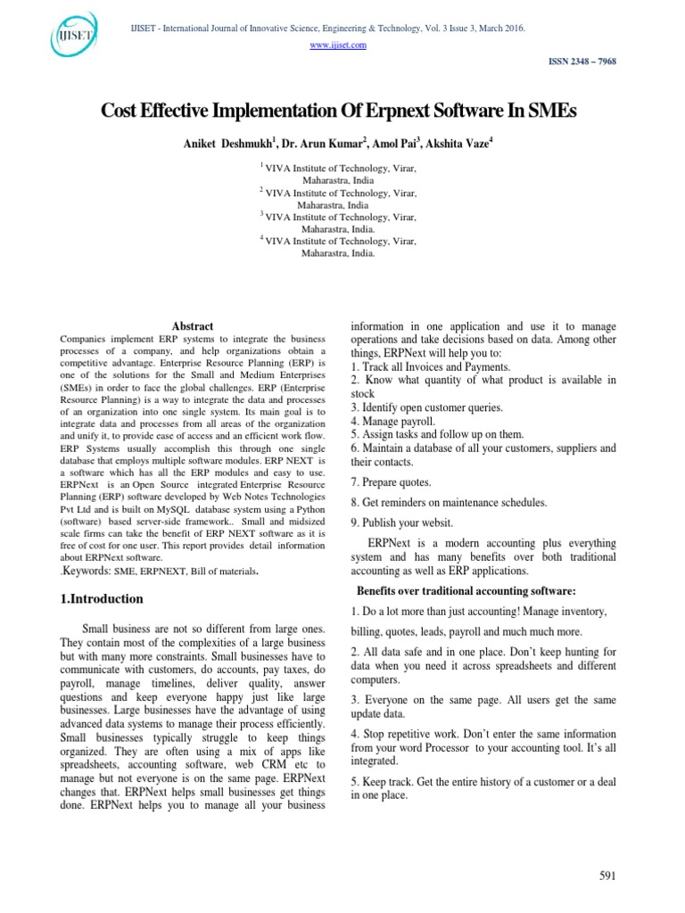 Cost Effective Implementation of Erpnext Software in Smes: Aniket ...