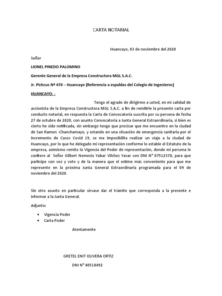 CARTA NOTARIAL Poder Representacion en Junta de Accionistas Ultimo | PDF