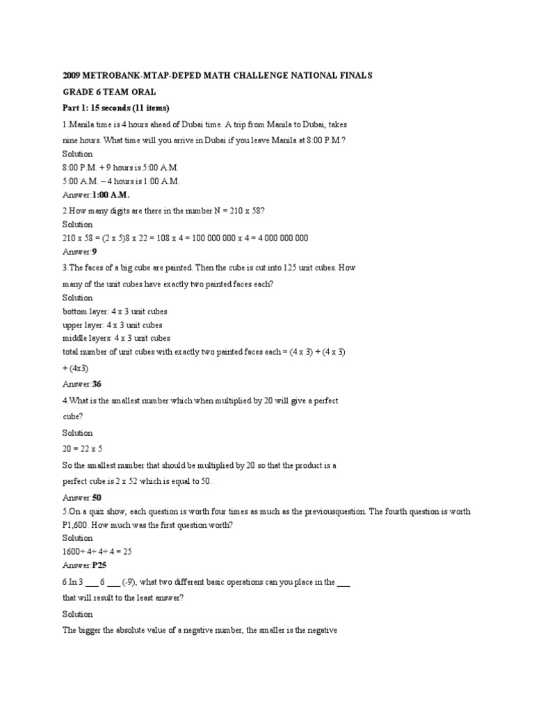 2009 Metrobank-Mtap-Deped Math Challenge National Finals Grade 6 Team ...