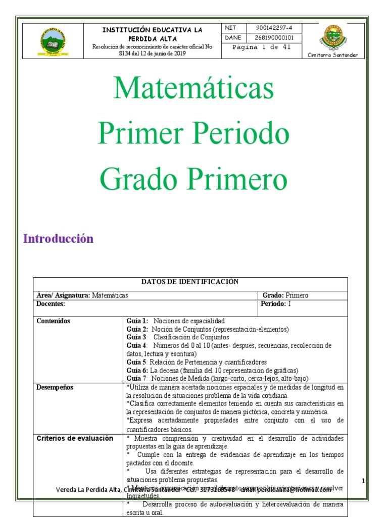 PLANEACION Matemáticas PRIMER PERIODO GRADO 1° | PDF | Evaluación ...