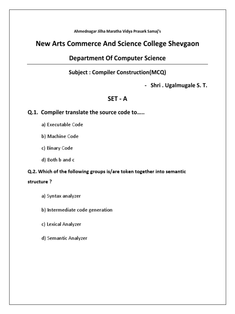 New Arts Commerce College Compiler MCQ | PDF | Parsing | Compiler