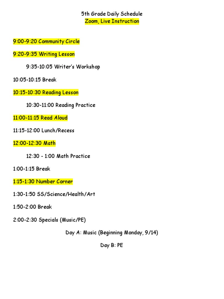 5th Grade Daily Schedule | PDF