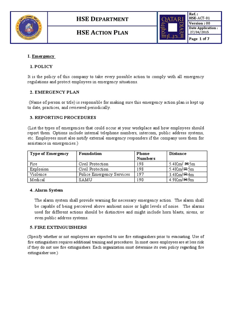 HSE Action Plan | PDF | First Aid | Emergency