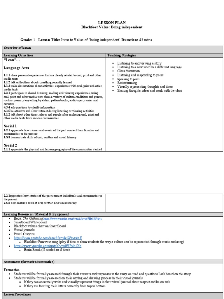 Lesson Plan Blackfoot Value: Being Independent Grade: 1 Lesson Title ...