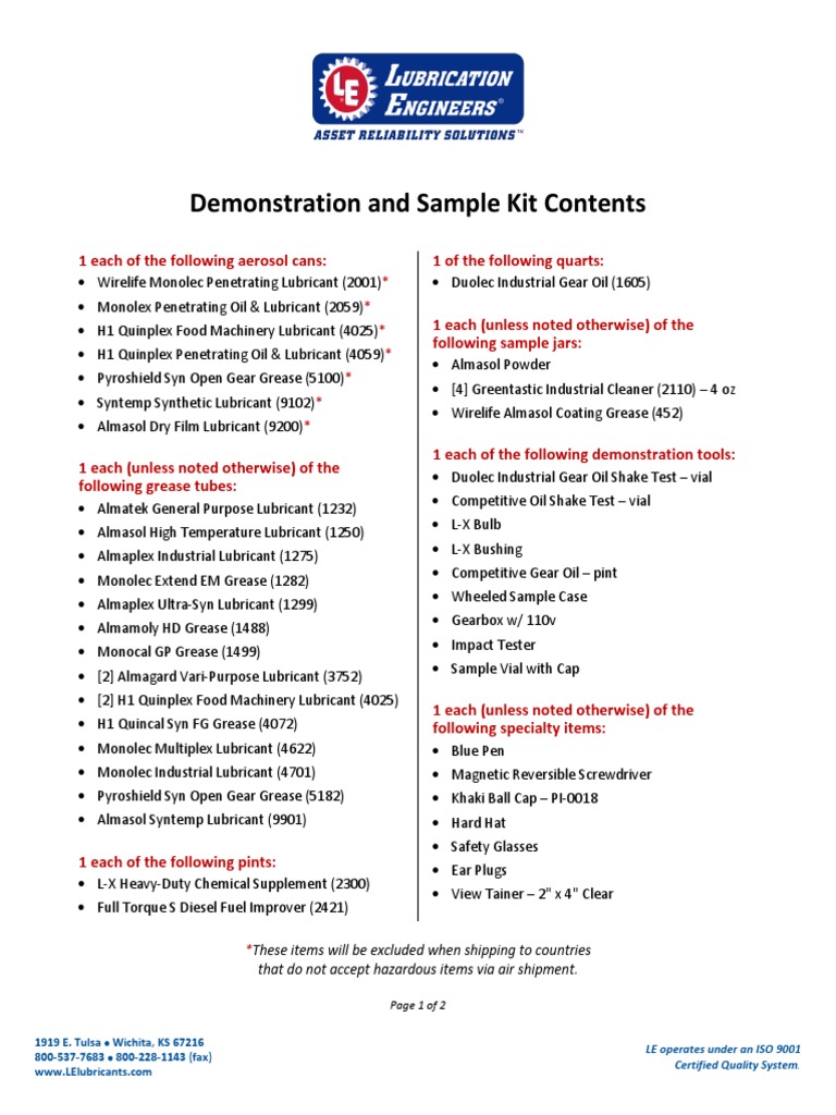 LE Lubricants Demonstration Kit Contents | PDF | Lubricant | Equipment
