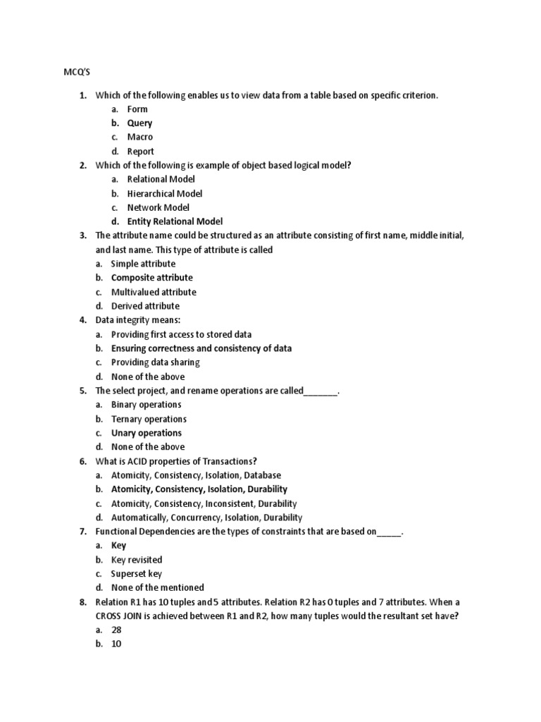 All Mcqs | PDF | Relational Database | Relational Model