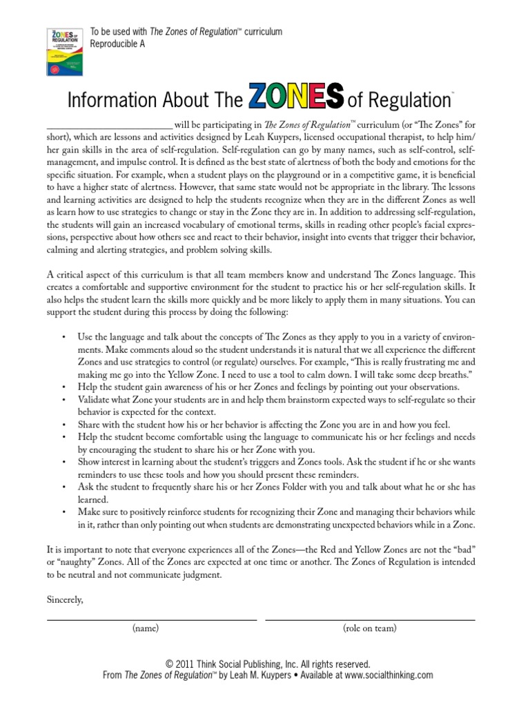 Zones Parent Letter | PDF | Self Control | Self-Management