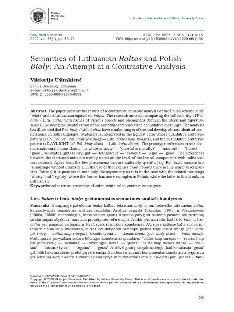Viktorija Ušinskienė. Semantics of Lithuanian Baltas and Polish Biały An Attempt at A ...