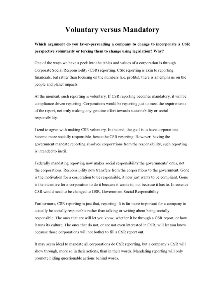 Voluntary versus Mandatory | Corporate Social Responsibility | Non ...