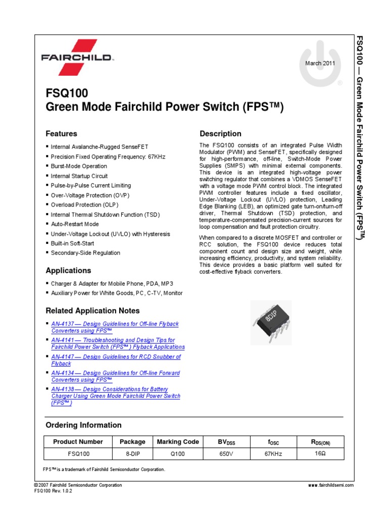 FSQ100 Green Mode Fairchild Power Switch (FPS™) : Features Description | PDF | Capacitor | Power ...