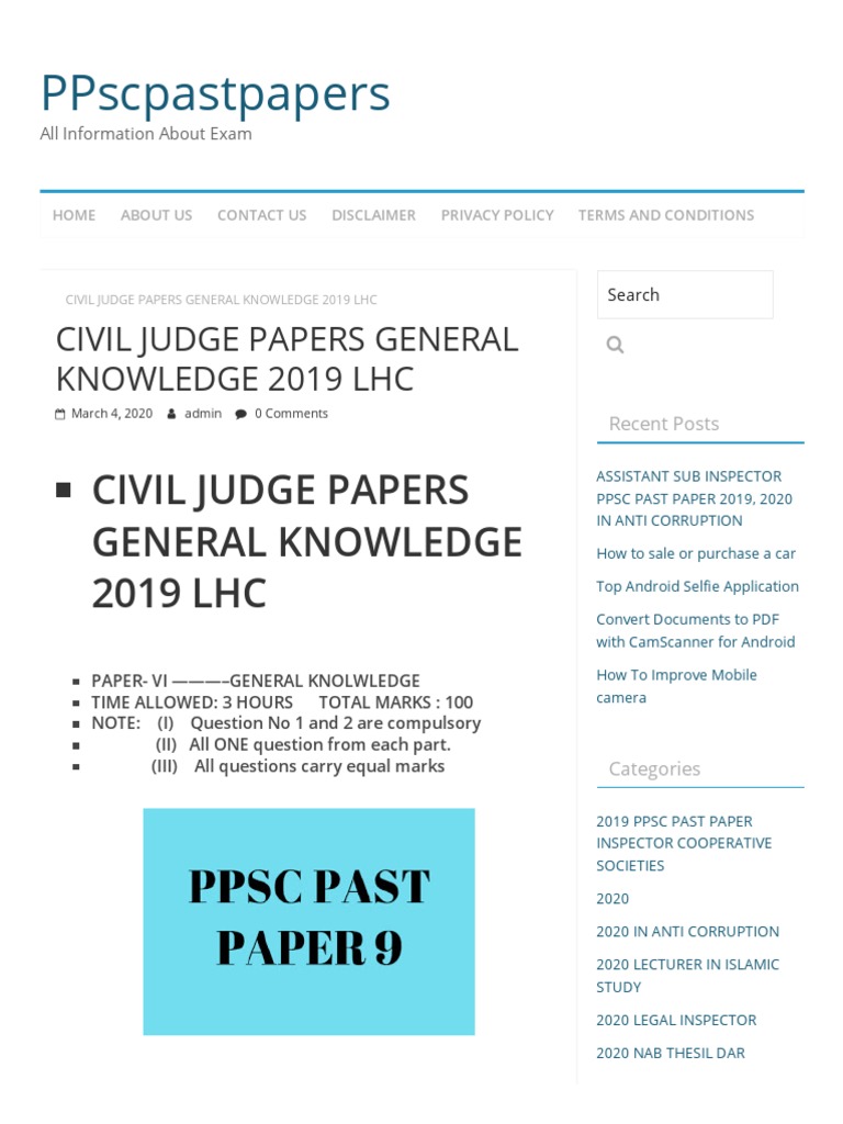 CIVIL JUDGE PAPERS GENERAL KNOWLEDGE 2019 LHC - PPscpastpapers | PDF ...
