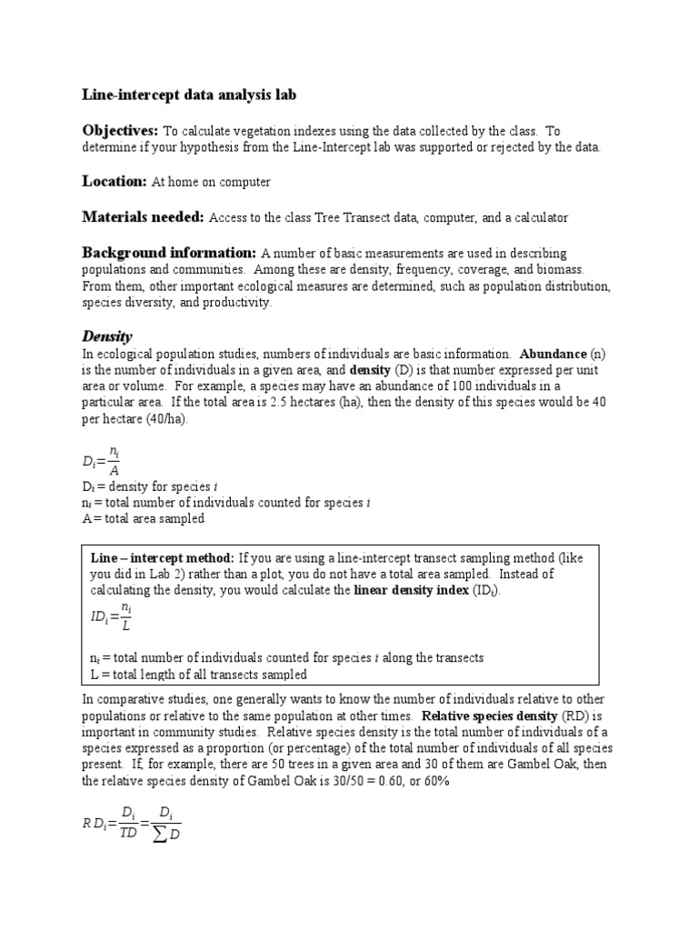 Biol2225 Ecology Line-Intercept Data Analysis Lab | PDF | Area | Density