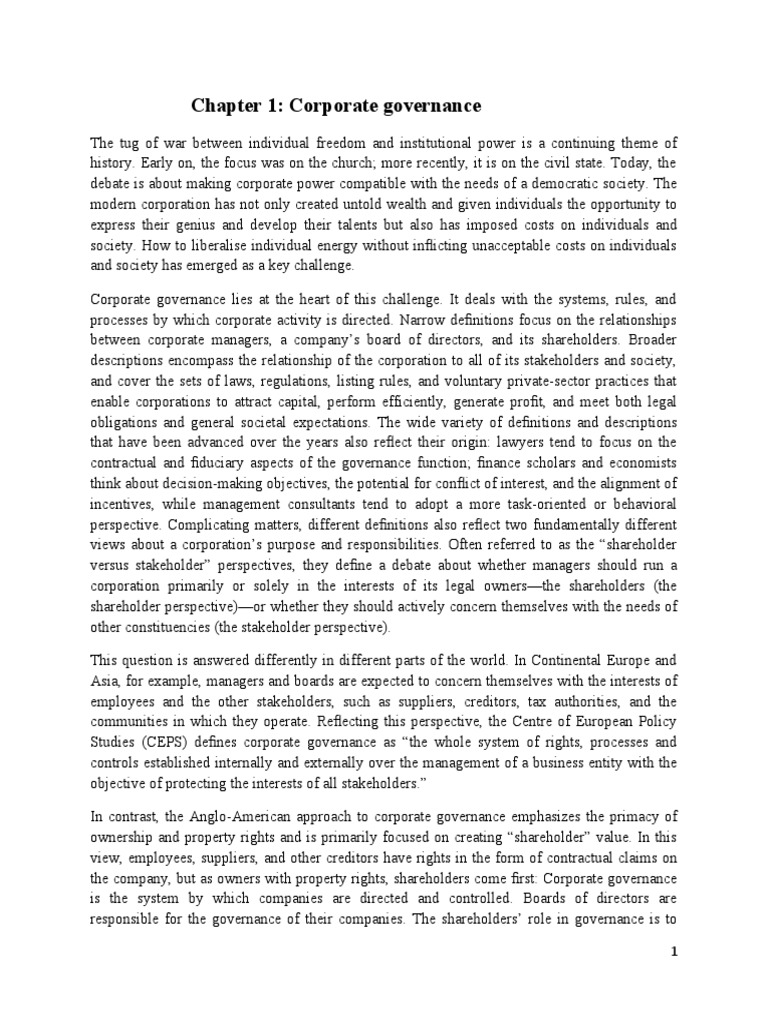 Chapter 1: Corporate Governance | PDF | Corporate Governance | Governance