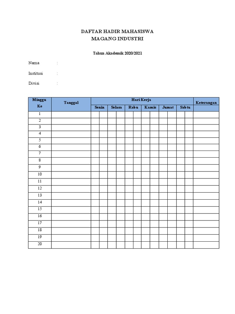 Contoh Daftar Hadir Magang Mahasiswa | PDF