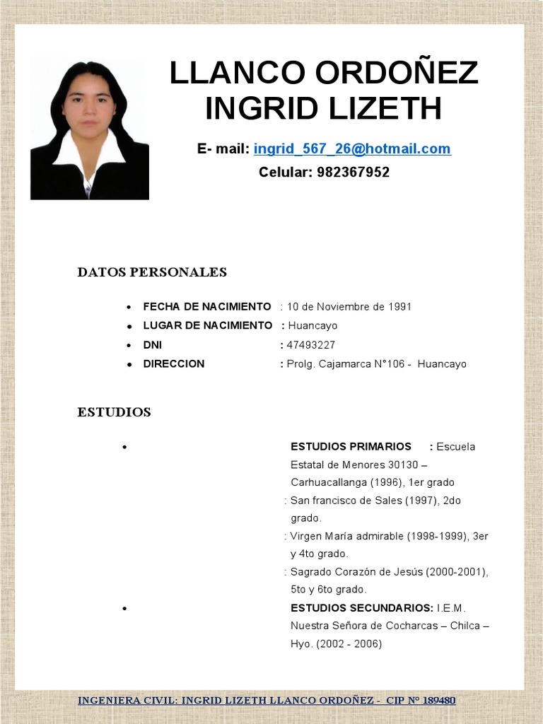 CV Ingrid Llanco LV 240518 | PDF | Ingeniería | Ingeniero civil
