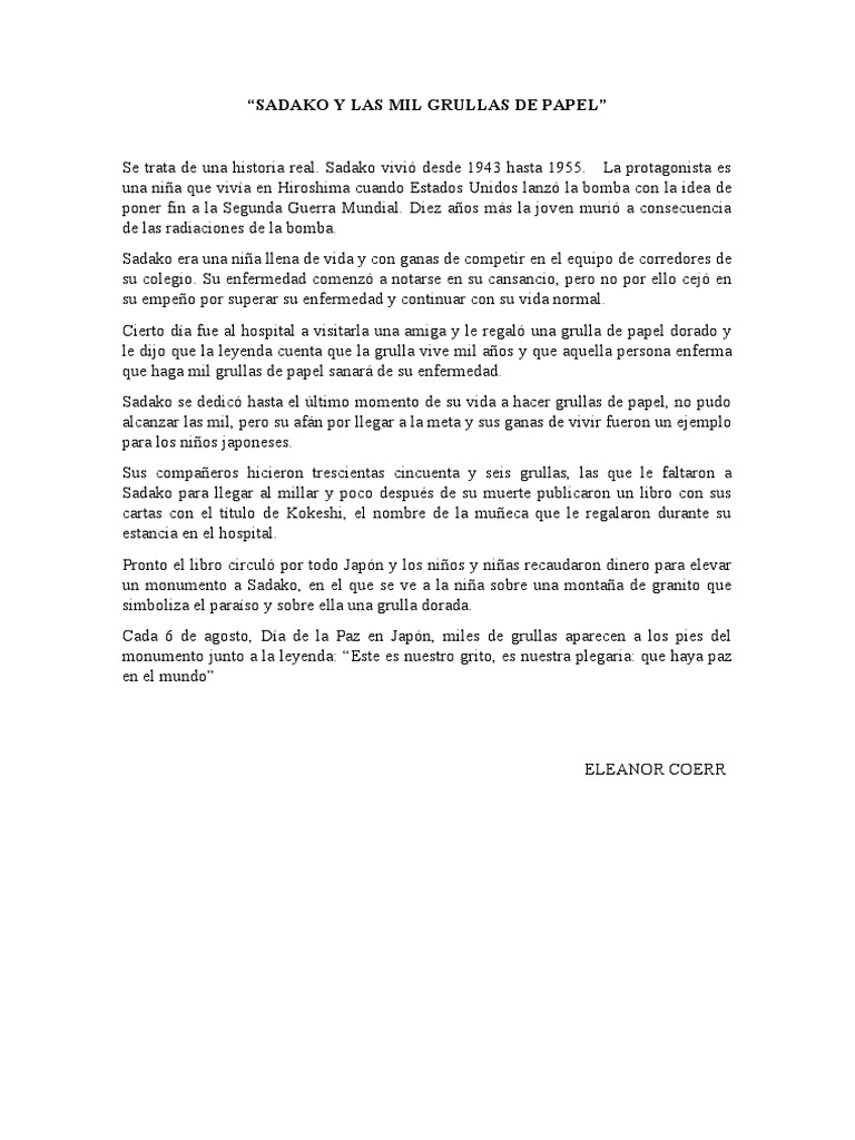 Sadako y Las Mil Grullas de Papel | PDF