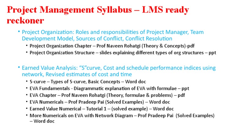 Project Management Syllabus - LMS Ready Reckoner | PDF