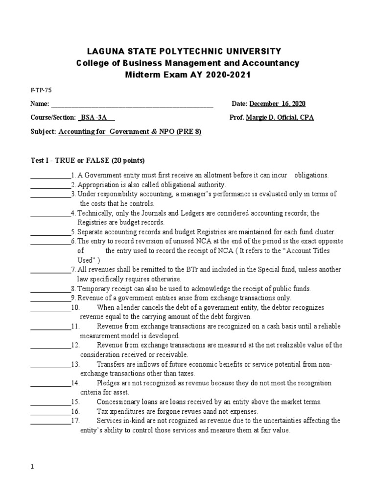 2020 Dec. MIDTRM EXAM BSA 3A Accounting For Got. NPO | PDF | Revenue ...
