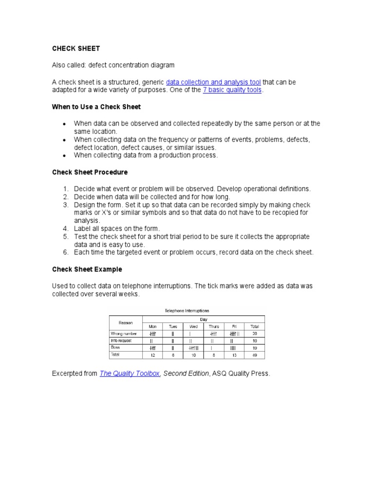 Check Sheet: Data Collection and Analysis Tool 7 Basic Quality Tools | PDF