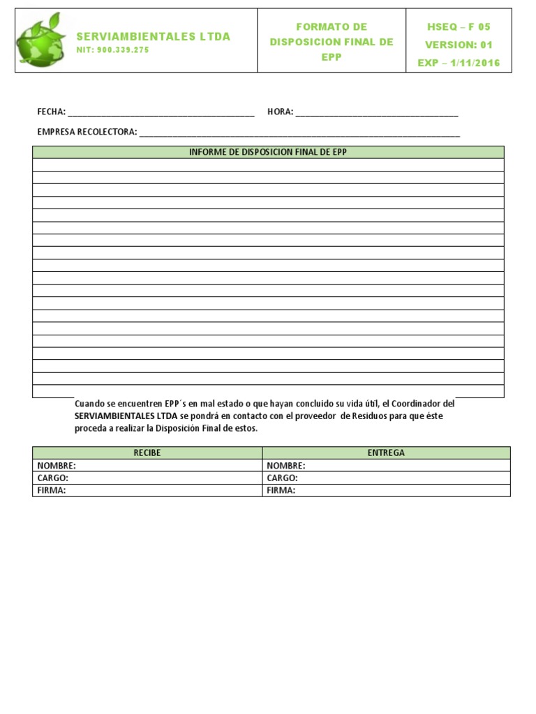 F - 05 Formato Disposicion Final Epp | PDF