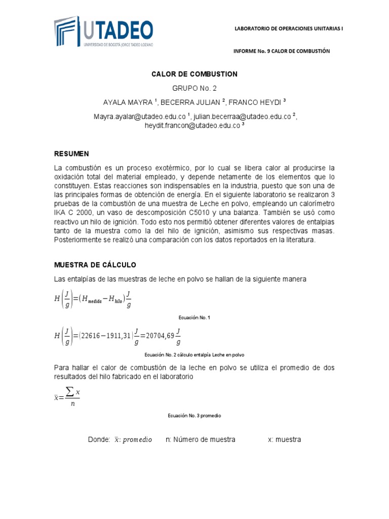 Calor de Combustión en Leche en Polvo | PDF | Combustión | Entalpía