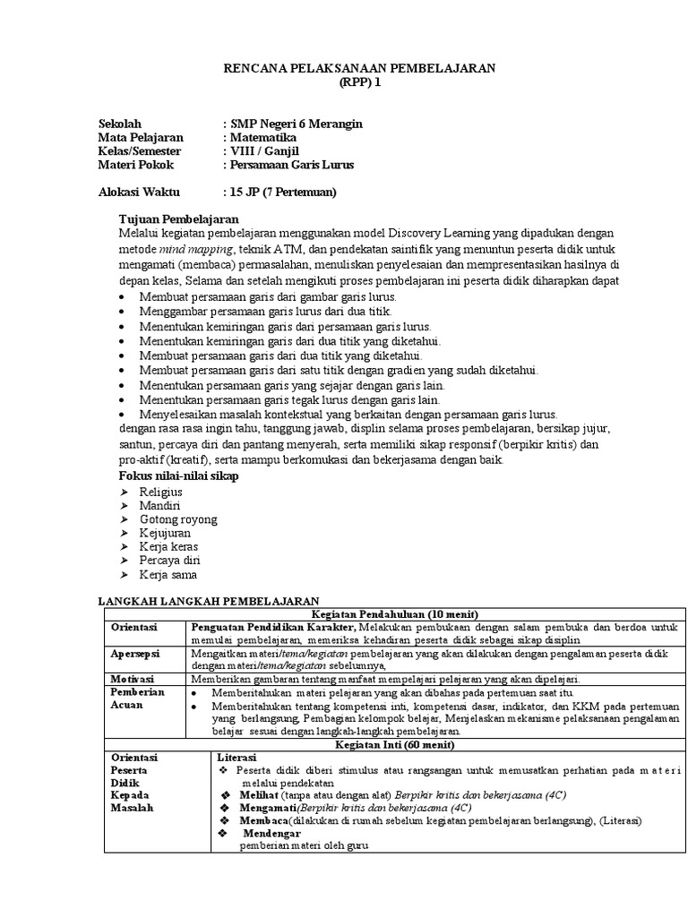 RPP 4 Persamaan Garis Lurus | PDF