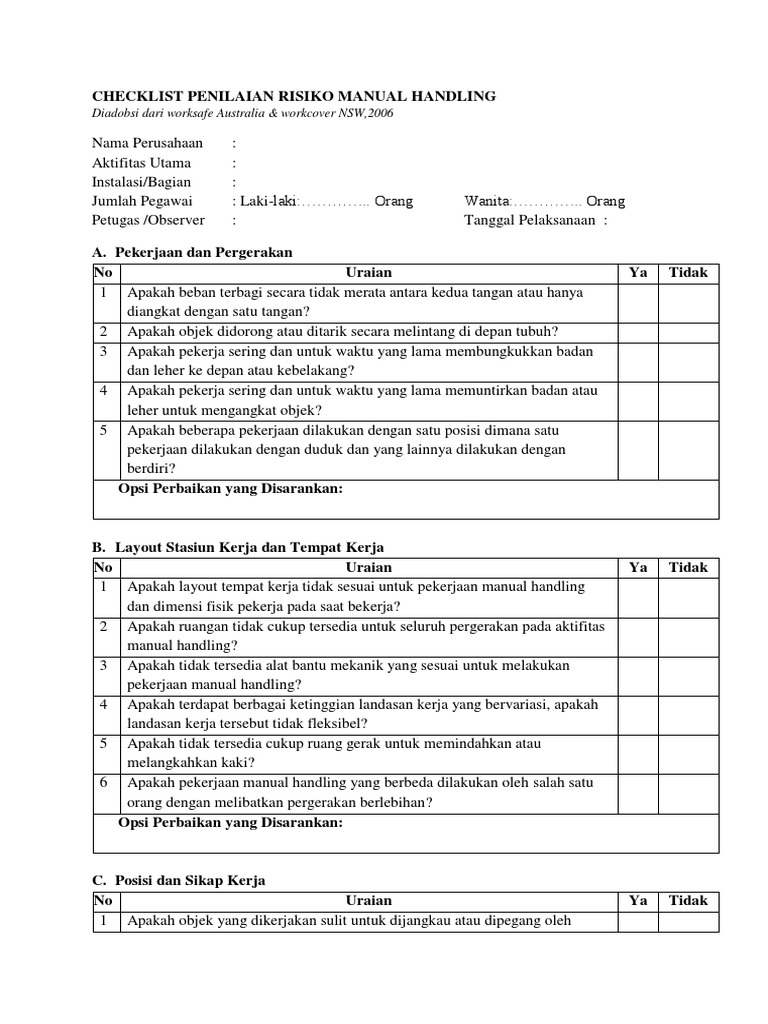 CHECKLIST PENILAIAN RISIKO MANUAL HANDLING | PDF