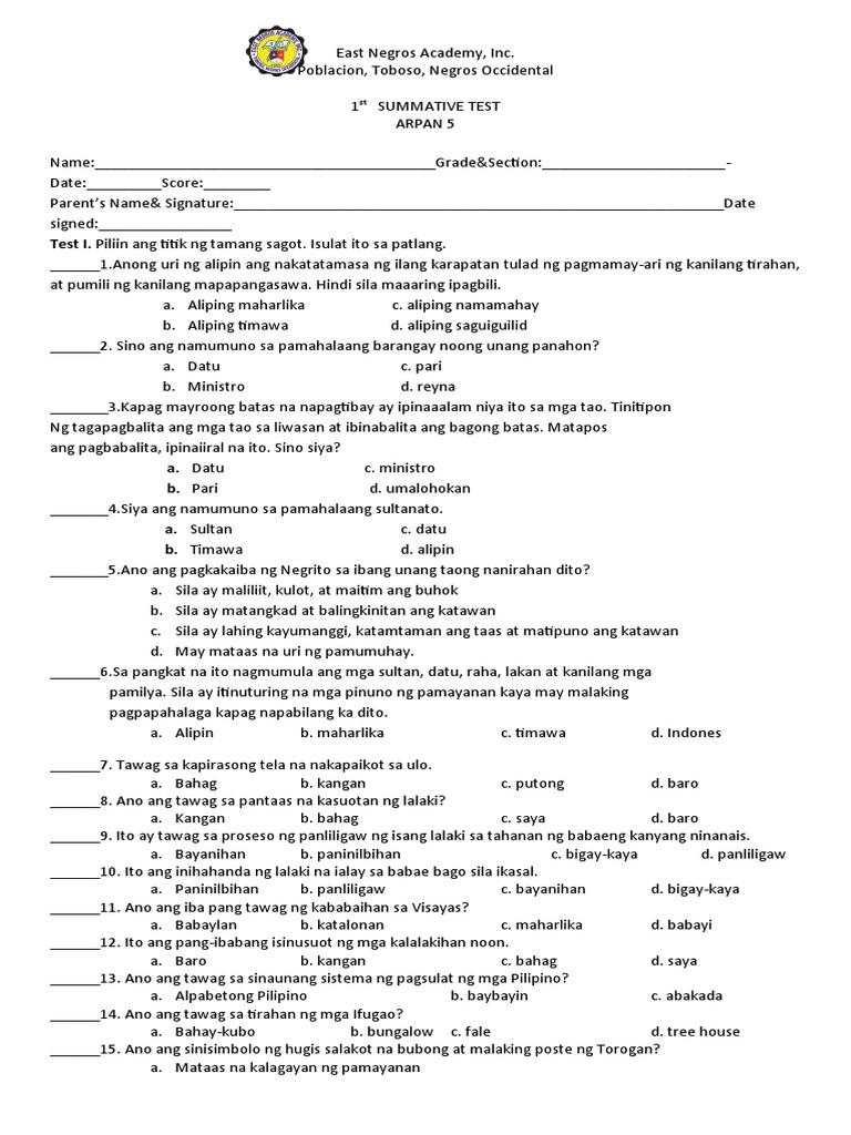 Arpan 5 Summative Test Q1 | PDF