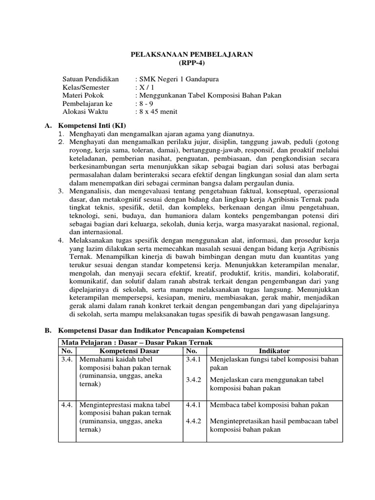 RPP Pembelajaran Tabel Pakan Ternak | PDF