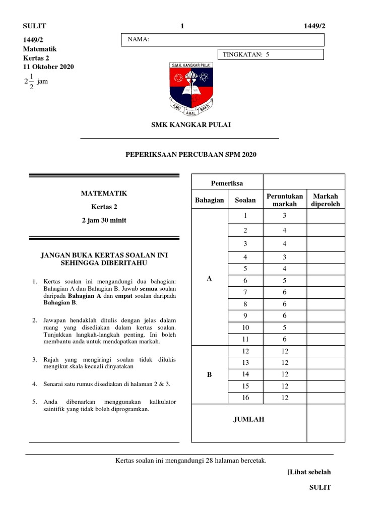 Johor (SMK Kangkar Pulai) Kertas 2 Percubaan SPM 2020 | PDF