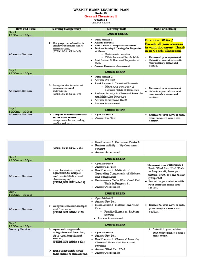 Weekly Home Learning Plan: General Chemistry 1 | PDF | Nature | Applied ...